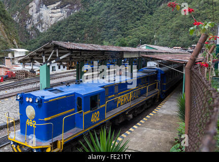 Perurail trains at Machu Picchu railway station in Peru in South ...