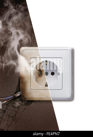 White european electrical outlet with black plug inserted into it on ...