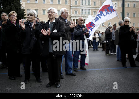 Athens, Greece. 4th Feb, 2016. Strikers hold banners an shout slogans ...