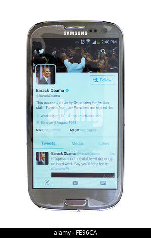 Barack Obama's twitter account on a smartphone screen photographed ...