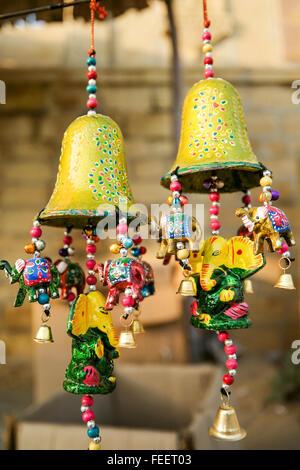 An Indian traditional wind chimes selling by street vendor. Focus ...