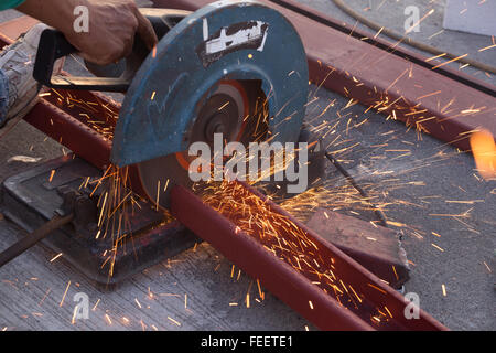 Cutting Steel channel (steel C chanel) with grinder. Sparks while ...