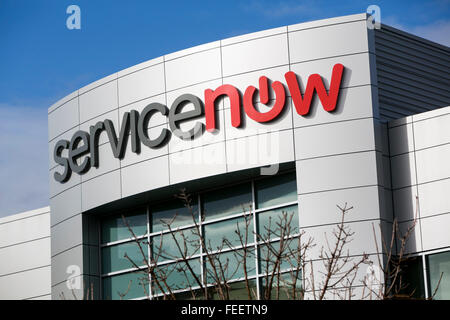 A logo sign outside of the headquarters of ServiceNow in Santa Clara ...