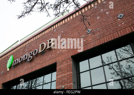 A logo sign outside of the headquarters of MongoDB in Palo Alto ...