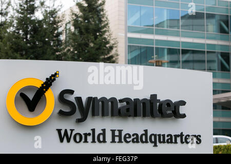 A logo sign outside of the headquarters of the Symantec Corporation in ...