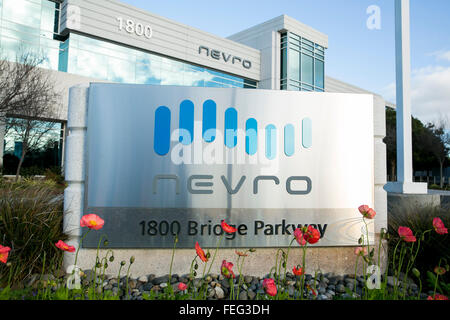 A logo sign outside of the headquarters of Nevro in Redwood City ...