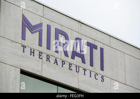 A logo sign outside of the headquarters of Mirati Therapeutics in San ...