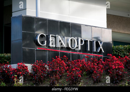 A logo sign outside of the headquarters of Genoptix in Carlsbad ...