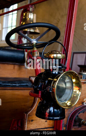 Calcium carbide headlamp mounted on a vintage fire engine in the Museum ...