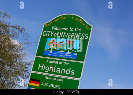 The road sign saying Welcome to Inverness as you enter the city of ...