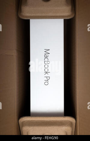 Apple MacBook Pro box packaging against white studio background Stock ...