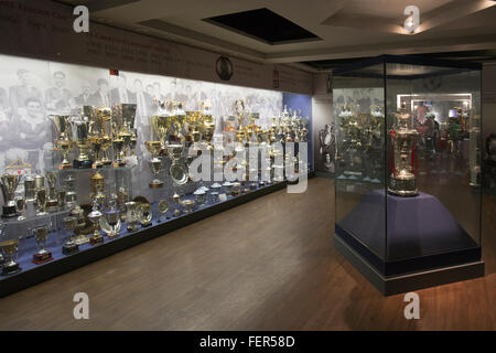 Trophy cups display in front of the logo of NHL Montreal Canadiens in ...