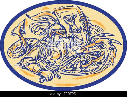 illustration of St. George the knight fighting a dragon with spear and ...