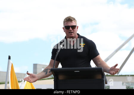 Blair Cottrell, leader of the United Patriots Front (UPF) speaks over ...