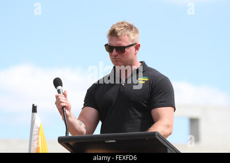 Blair Cottrell, Chairman of the United Patriots Front (UPF) speaks at ...
