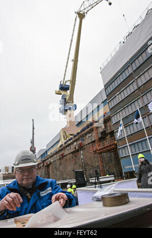Turku, Finland. 9th February. Keel-laying of the new Tallink LNG ...