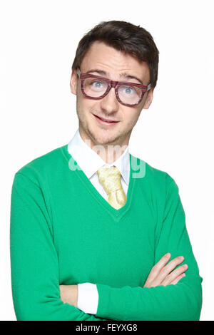 Funny young nerd man with big eyeglasses holding teddy bear Stock Photo ...