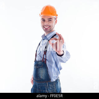 A builder man on the white background Stock Photo - Alamy