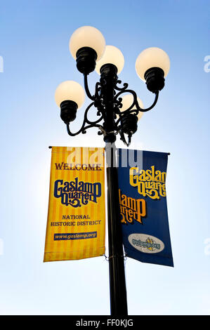 Entrance sign to the Gaslamp Quarter Historic District at night. This ...