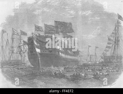Launch of the screw line-of-battle ship 'Anson' at Woolwich Stock Photo ...
