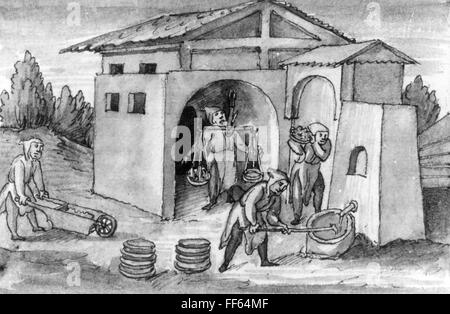mining, ore dressing / metal processing, stamp mill, woodcut from "De ...