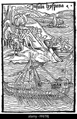 HISPANIOLA: TRADING, 1493. /nChristopher Columbus trading with the ...