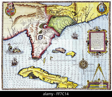 1591, De Bry and Le Moyne Map of Florida and Cuba, USA, US, America ...