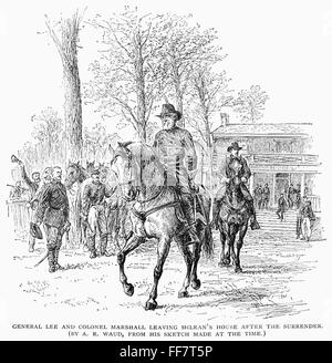 LEE'S SURRENDER, 1865. /nGeneral Robert E. Lee leaving the McLean House ...