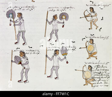 MEXICO: AZTEC WARRIORS. /nAztec warriors march to battle. Drawing from ...