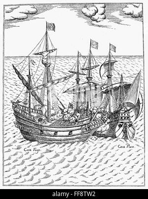 GOLDEN HIND, 1579. /nSir Francis Drake's ship in combat with the ...