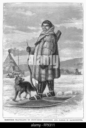 ESKIMO HUNTER AND DOG. /nAn Eskimo going hunting with his dog and bow ...