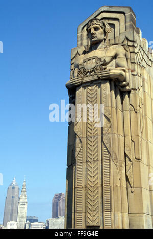Ohio, Cleveland. The Hope Memorial Bridge. Huge Art Deco statues called ...