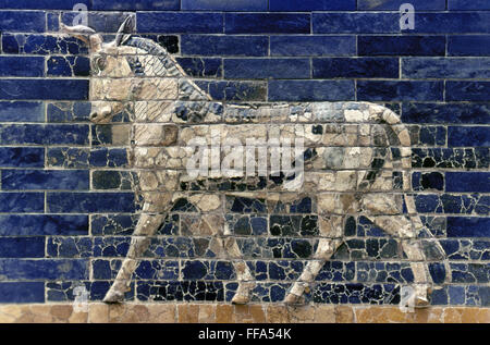 Glazed enamel brick bull from the Ishtar Gate of Babylon 575 BCE of ...