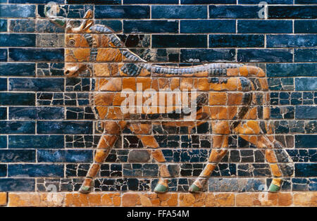 Glazed enamel brick bull from the Ishtar Gate of Babylon 575 BCE of ...