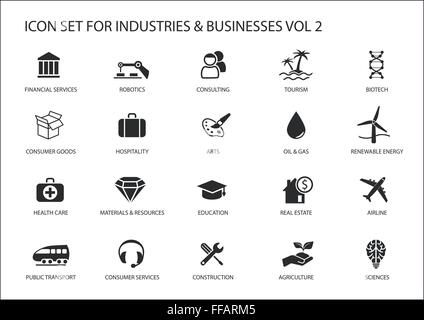 Business icons and symbols of various industries / business sectors ...
