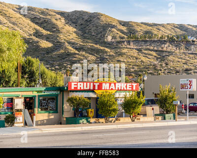 Colorful front sign at the Morongo, California Fruit Market Stock Photo ...