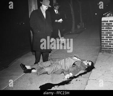 CRIME SCENE, 1952. /nThe body of Arnold Schuster (1928-1952), who was ...