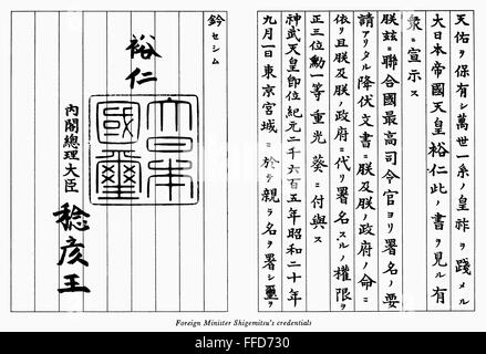 JAPANESE SURRENDER, 1945. /nCredentials presented by General Yoshijiro ...