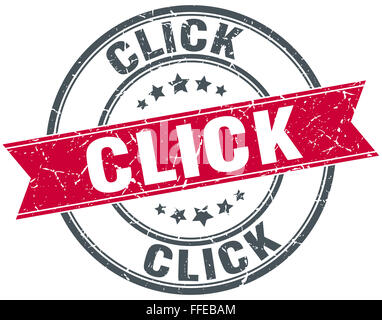 click here red round grunge vintage ribbon stamp Stock Photo - Alamy