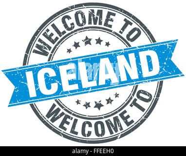 welcome to Iceland blue round ribbon stamp Stock Photo - Alamy
