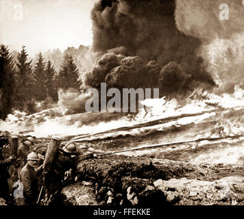 French soldiers using liquid fire in front line trenches. World War I ...