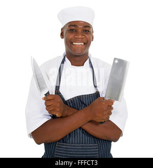 Male African-American chef with knives on white background Stock Photo ...
