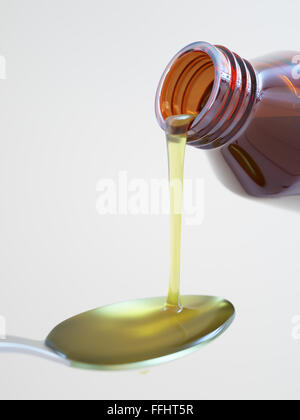 Pouring cough medicine syrup into spoon on white background Stock Photo ...
