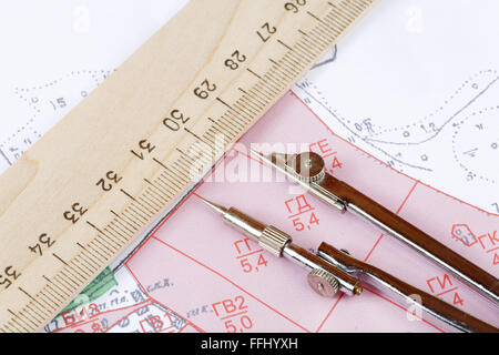 Topographic map of district with measuring instrument, ruler and a ...