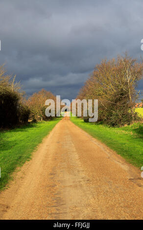 Long straight unsurfaced country road in winter sunshine, Sutton ...