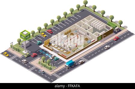 Supermarket interior. Cross section of retail market building mall with equipment and grocery ...