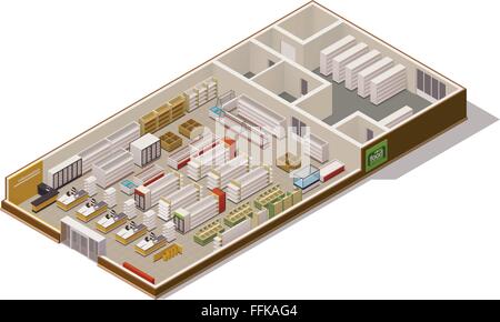 Supermarket interior. Cross section of retail market building mall with equipment and grocery ...