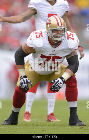 Tampa Bay Buccaneers guard Alex Cappa (65) lines up against the Denver ...