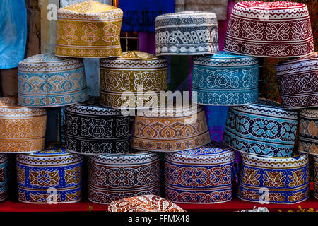 Traditional omani kuma hats for sale at the souq in Muscat. Sultanate ...