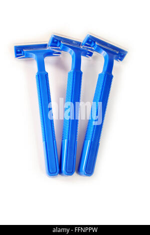 Three Blue Disposable Razors Isolated Over White Stock Photo - Alamy